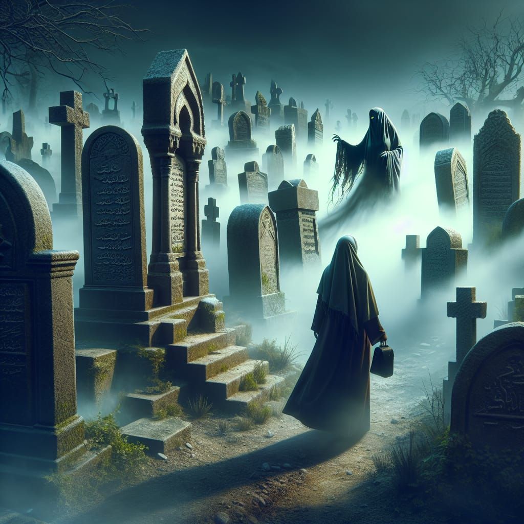 A woman walking through a cemetery confronts a misty spectral figure ...