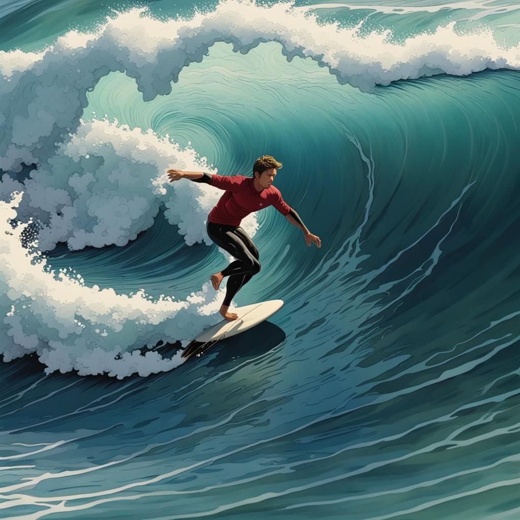 A surfer surfing rolling waves. - AI Generated Artwork - NightCafe Creator