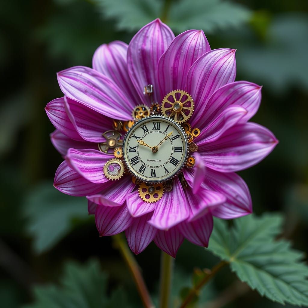 "A clockwork flower unfurling its gears and petals" Combining real ...