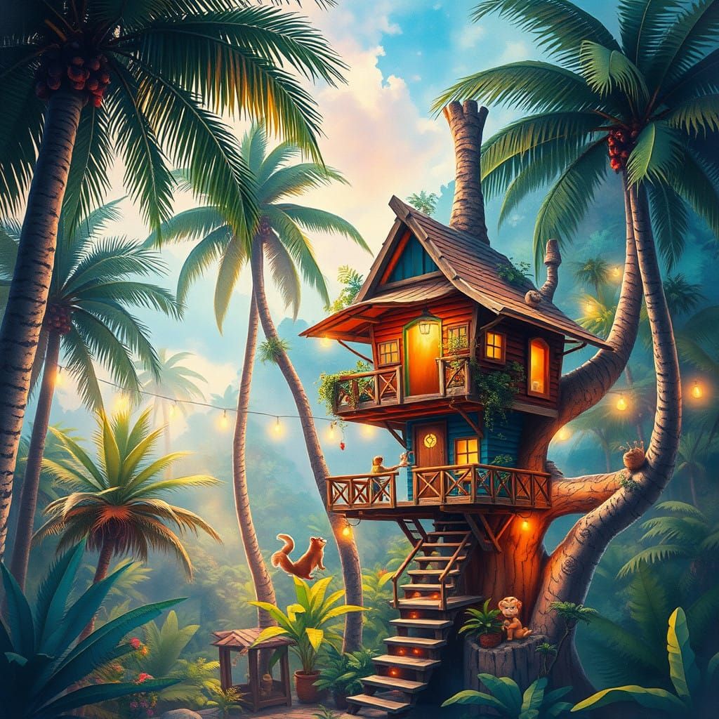 A treehouse in a tropical Paradise with lighted string lights and palm ...