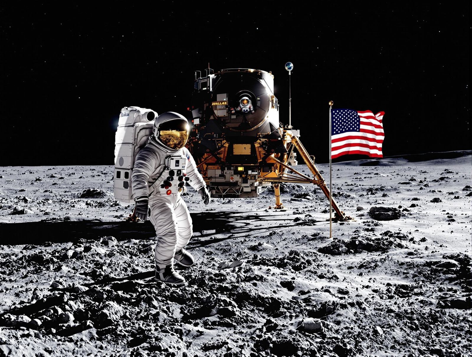 Photorealistic picture of Appollo 11 landed on the moon. The stark ...