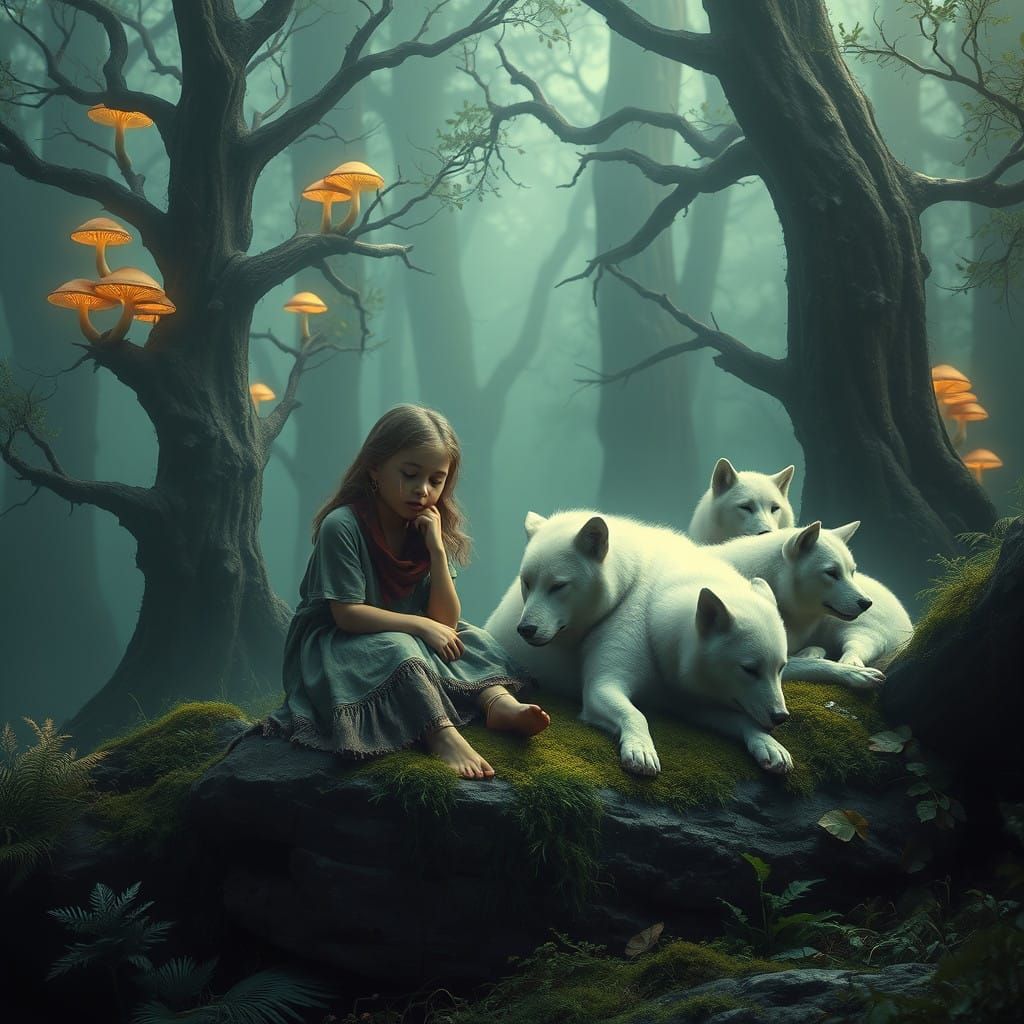 Girl Surrounded by Luminous Wolves in Primal Fores... - AI Art