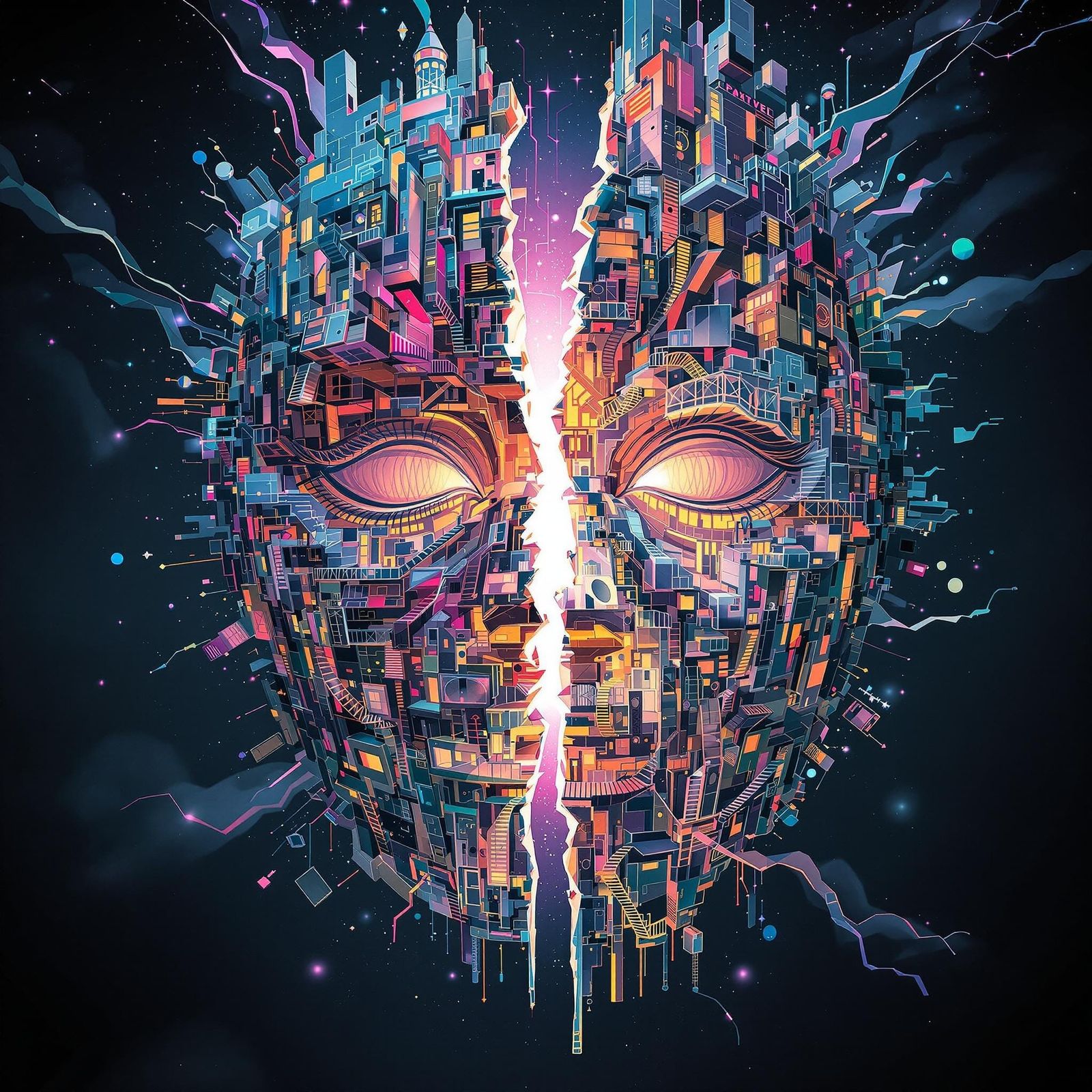 Fractured Mask Unveils Labyrinthine City of Twisti... - AI Art