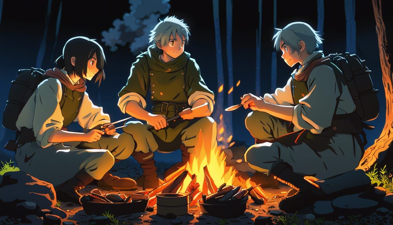 Mercenary_Group_making_dinner_by_the_campfire, by_Studio_Ghibli, by ...