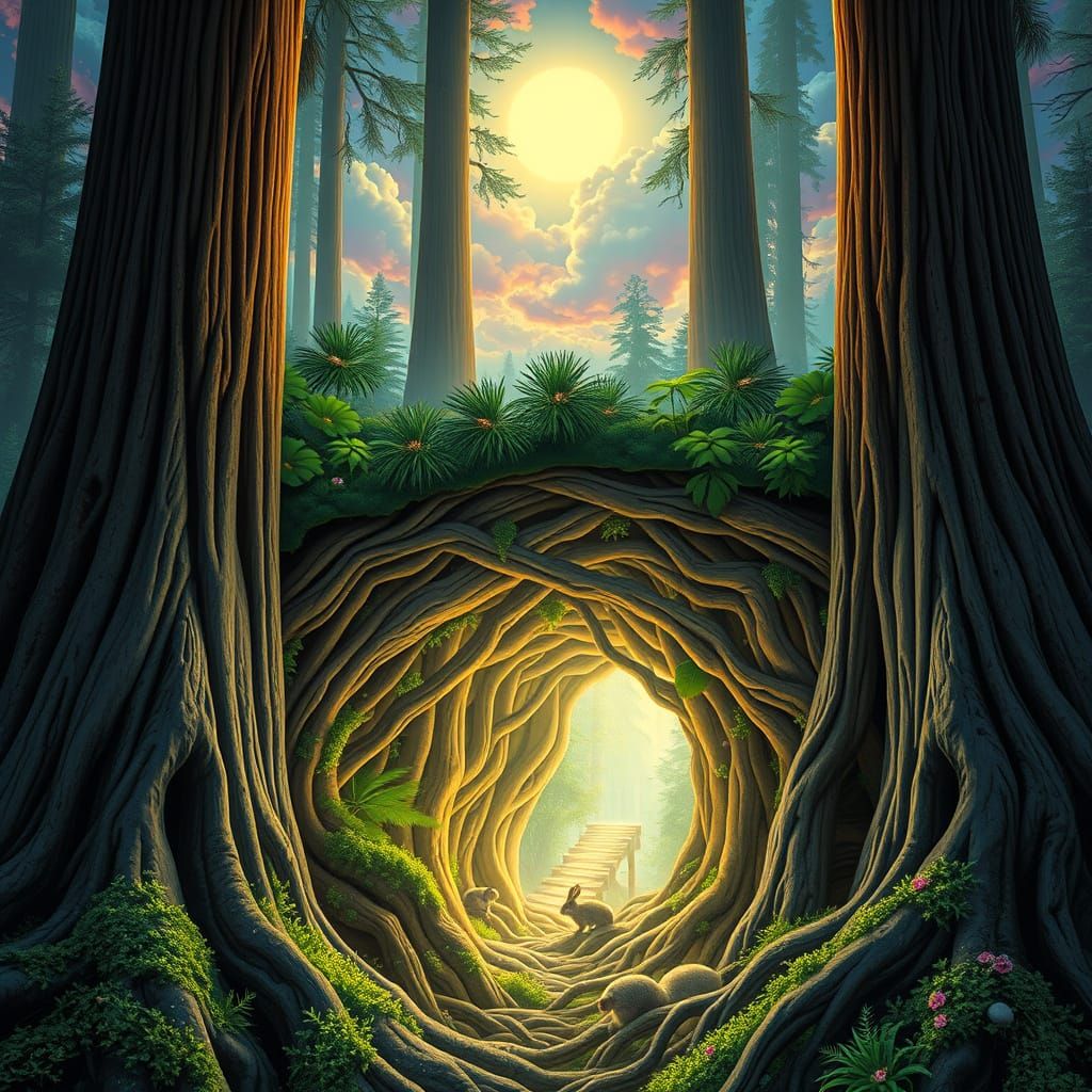 Ancient, towering redwood trees, their trunks bathed in the moonlight ...