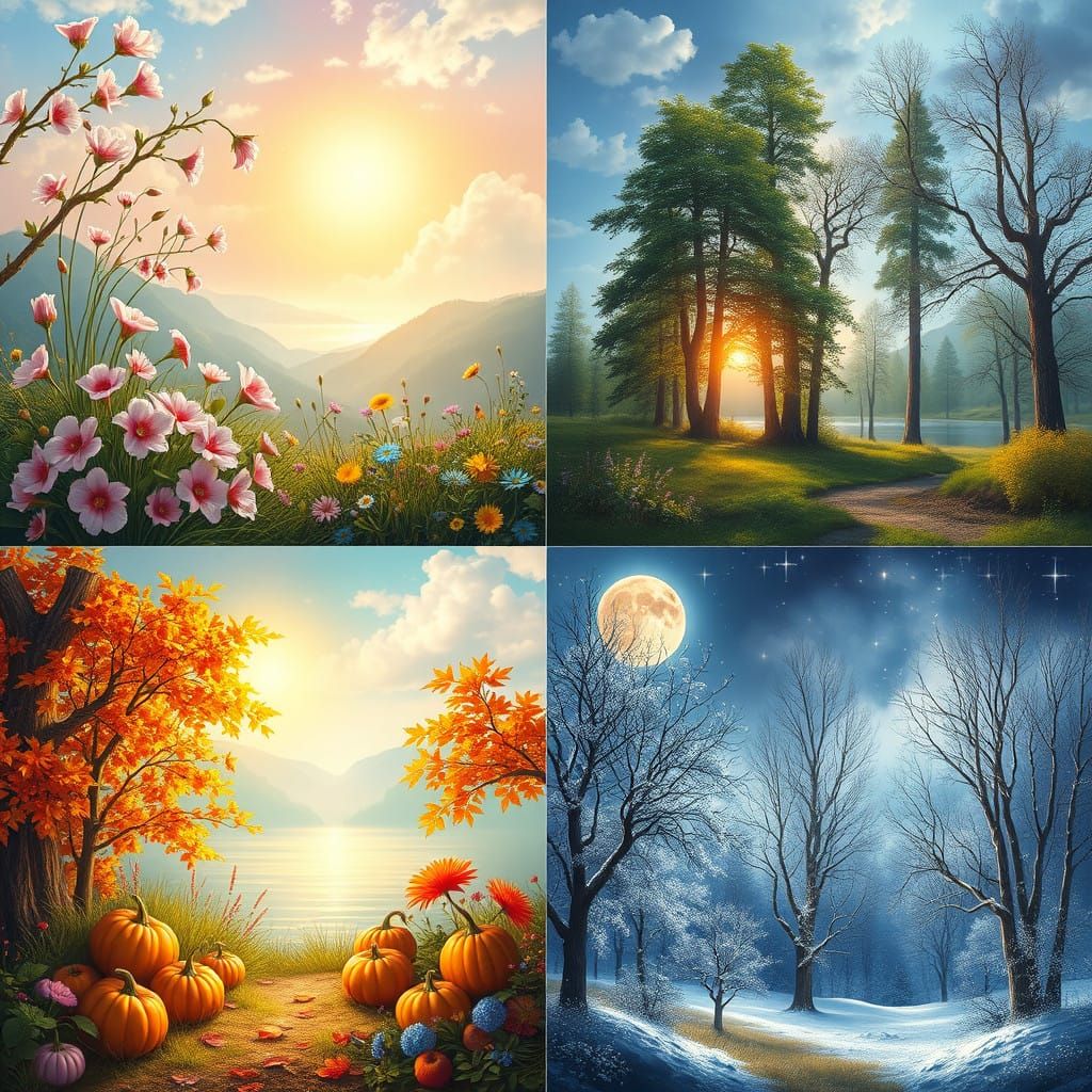 A scene divided into four squares. - A scene divided into fo...