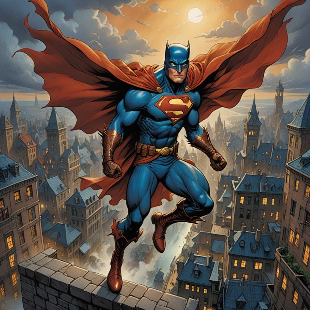 Superhero Leaps Through Stylized Cityscape in Vibr... - AI Art