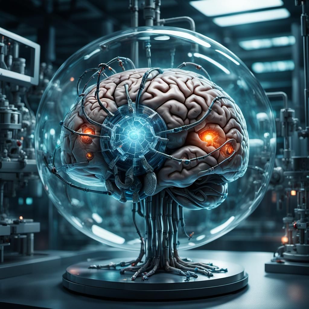 View of a disembodied human brain stored in a cylindrical glass tank ...