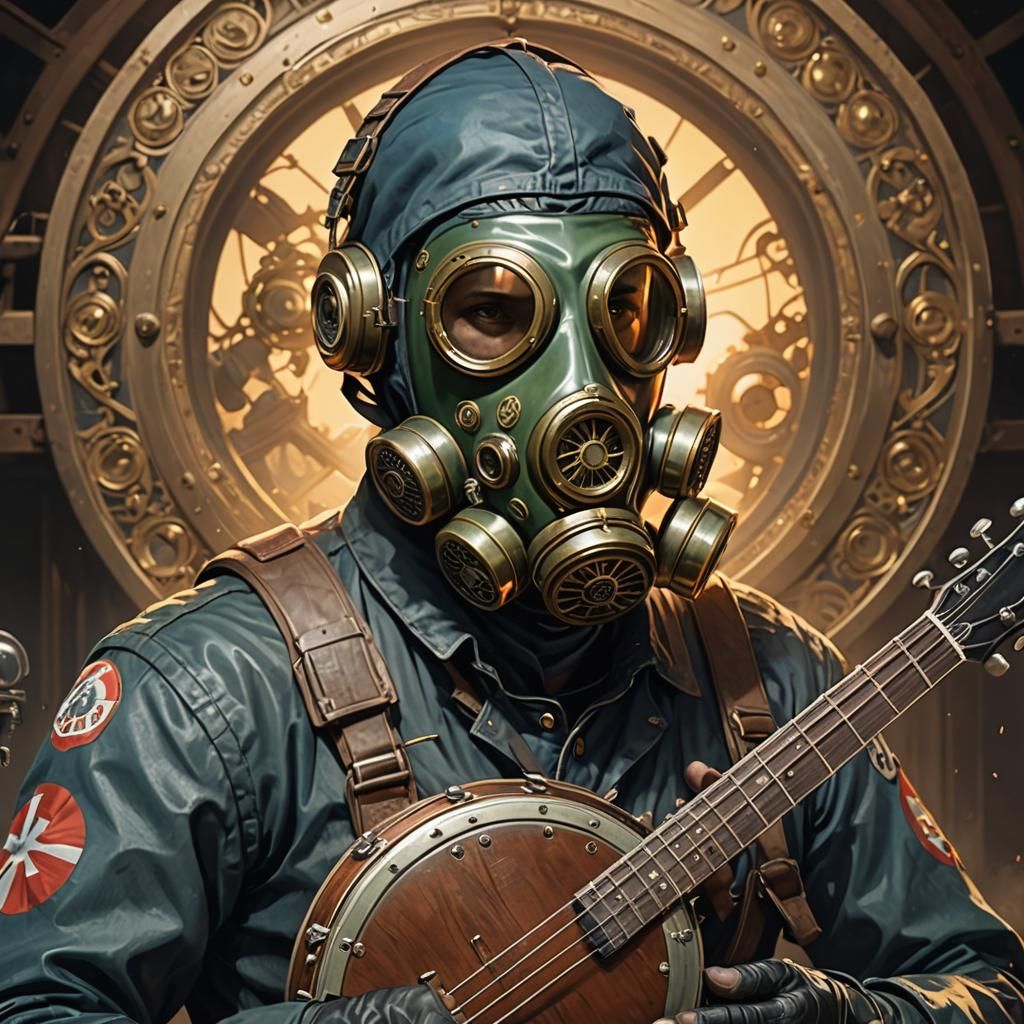 a solder wearing a gas mask playing banjo - AI Generated Artwork ...