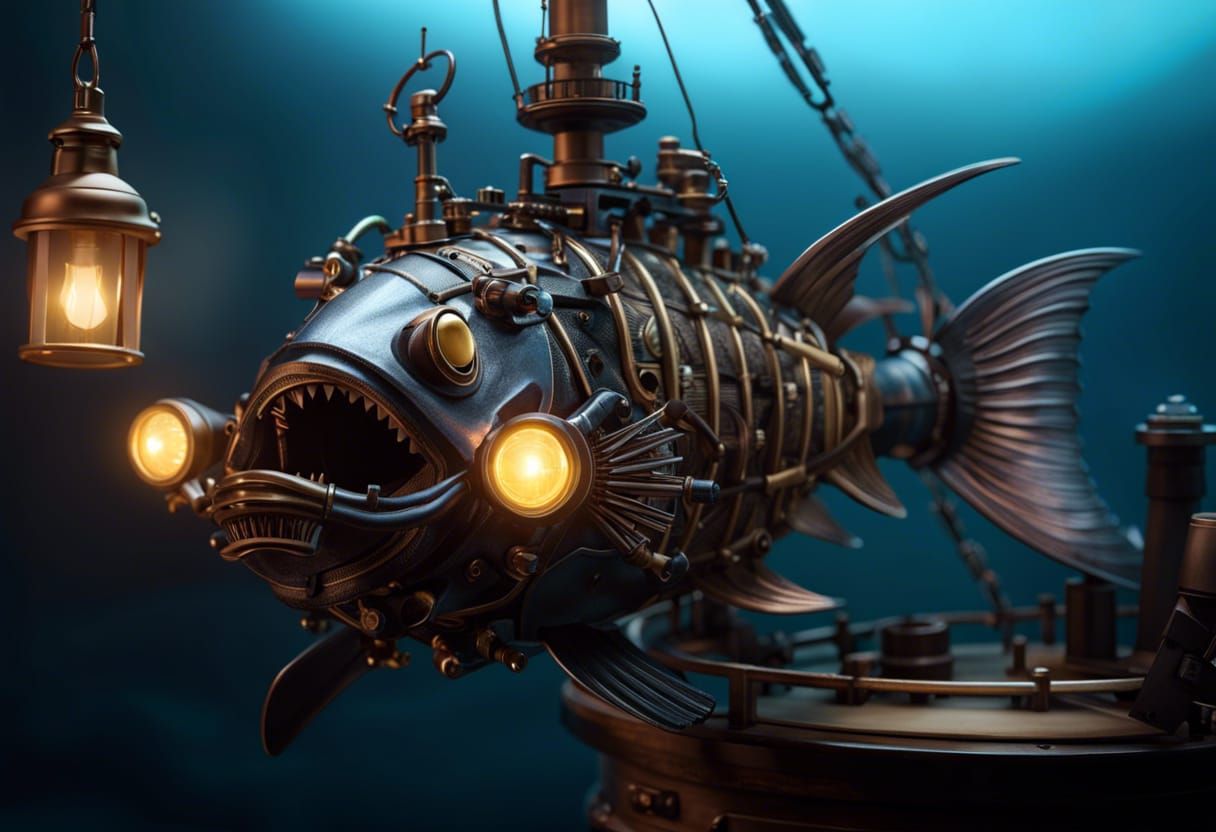 "steampunk Skelton angler_fish!!", glossy, Eldritch, coral castle ...
