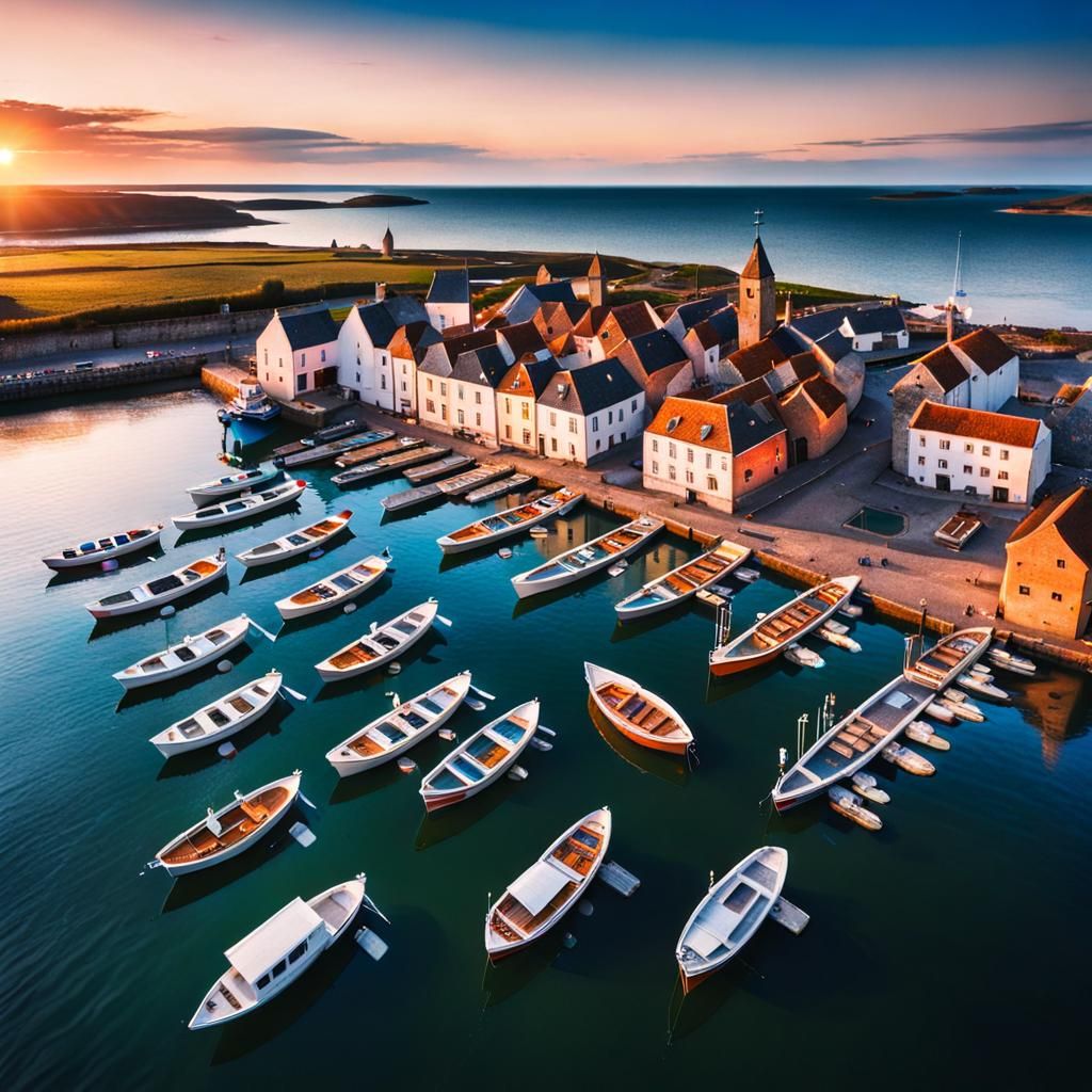 Drone view of a fantasy harbour full of boats. Beautiful landscape ...