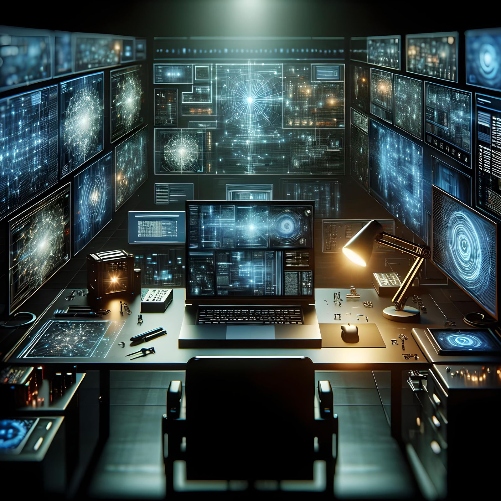 Picture this: a well-organized, dimly lit workspace casting a soft glow ...