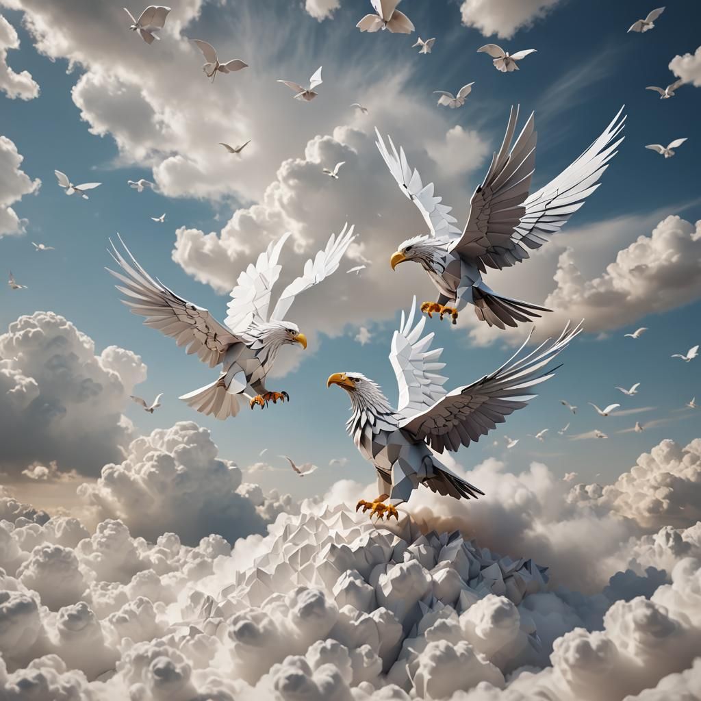 2 magic eagles fighting an cloud elemental on a massive cloud in the ...