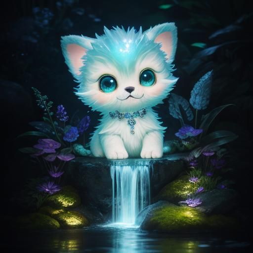adorable cute chibi baby furry Puppy with a bioluminescent Waterfall in ...