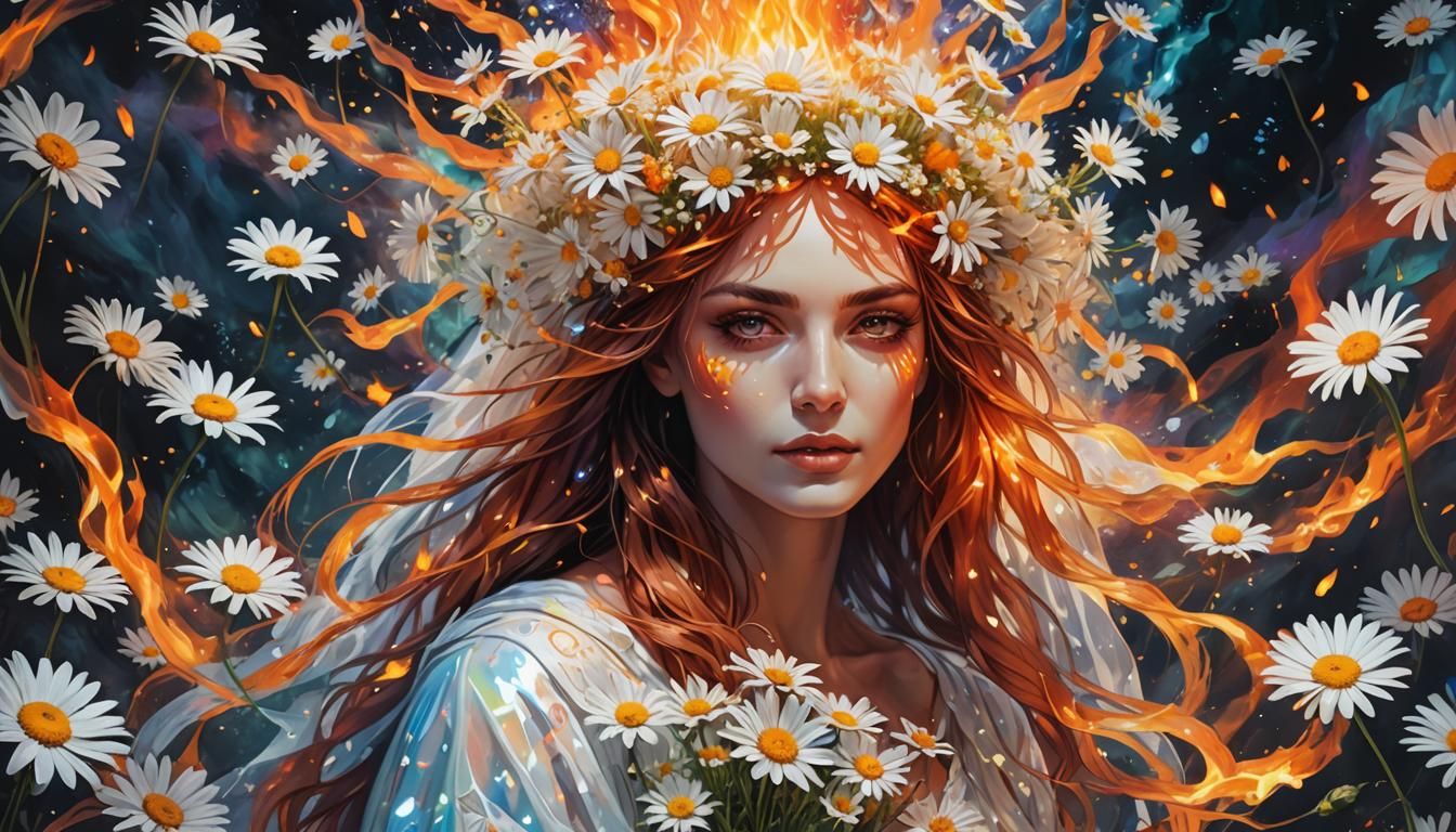 romantic fiery girl in flames, burning veil, bouquet of white daisies ...