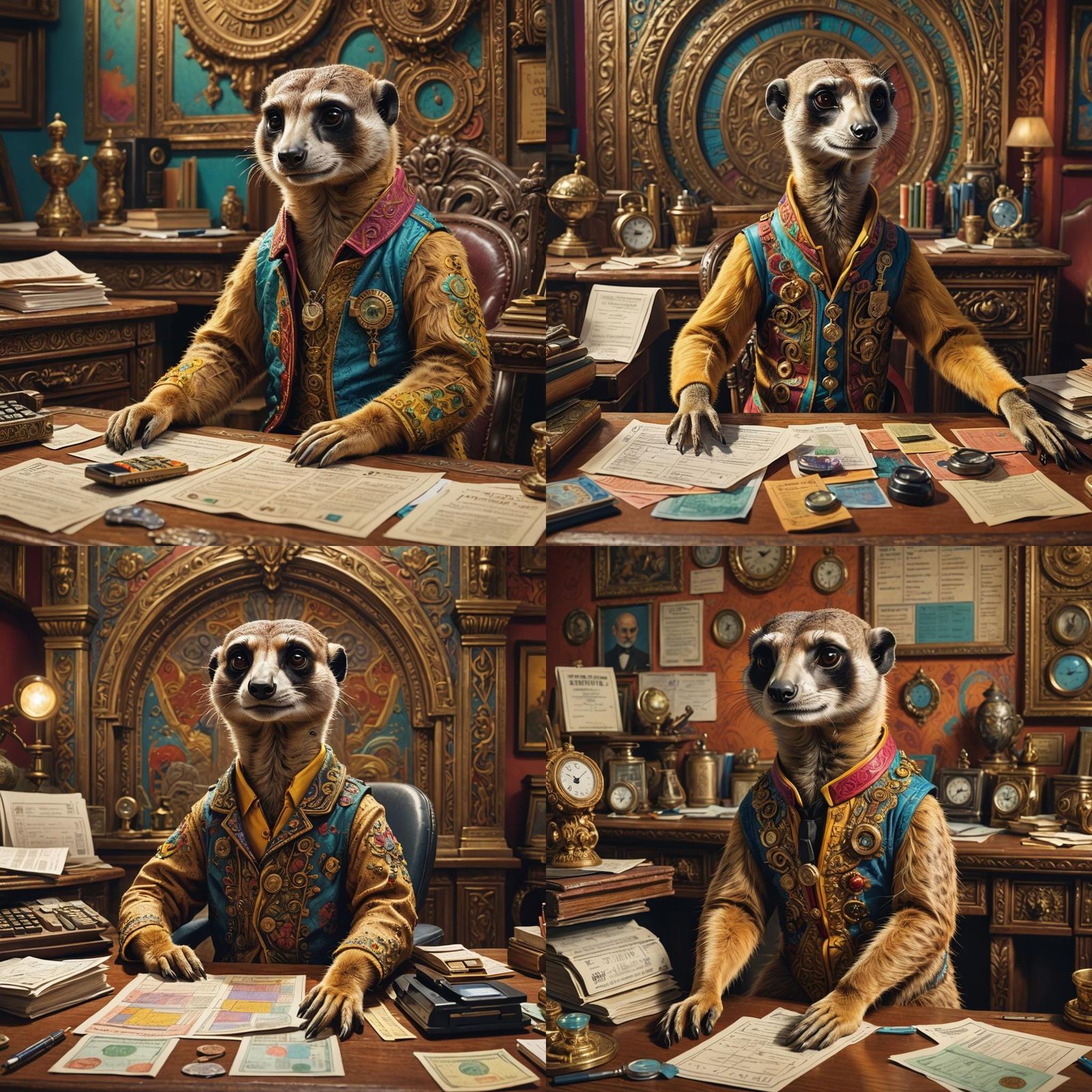 A colorful scene of a Human sized Meerkat sitting ... - AI Art