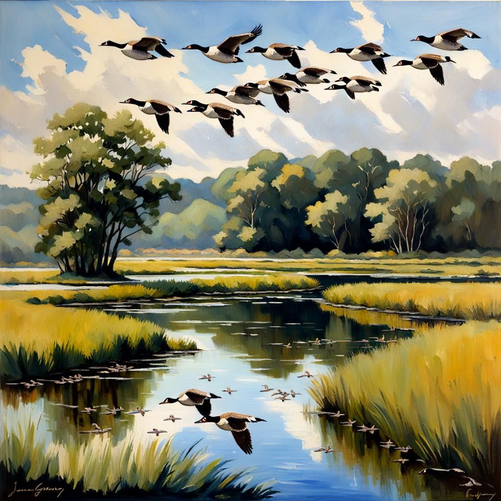 Geese flying in formation over the the ponds - AI Generated Artwork ...