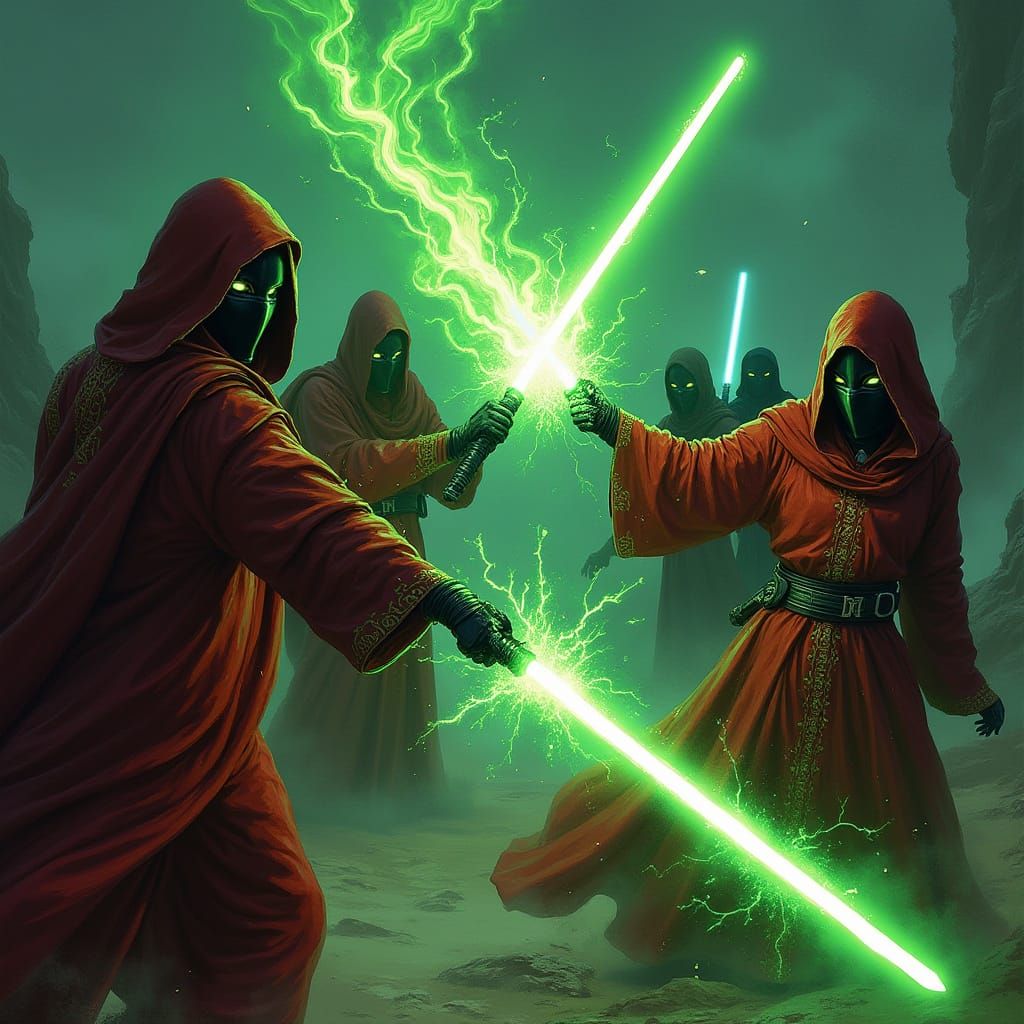 Mystical Red Robed Women Unleash Green Magic in Ep... - AI Art