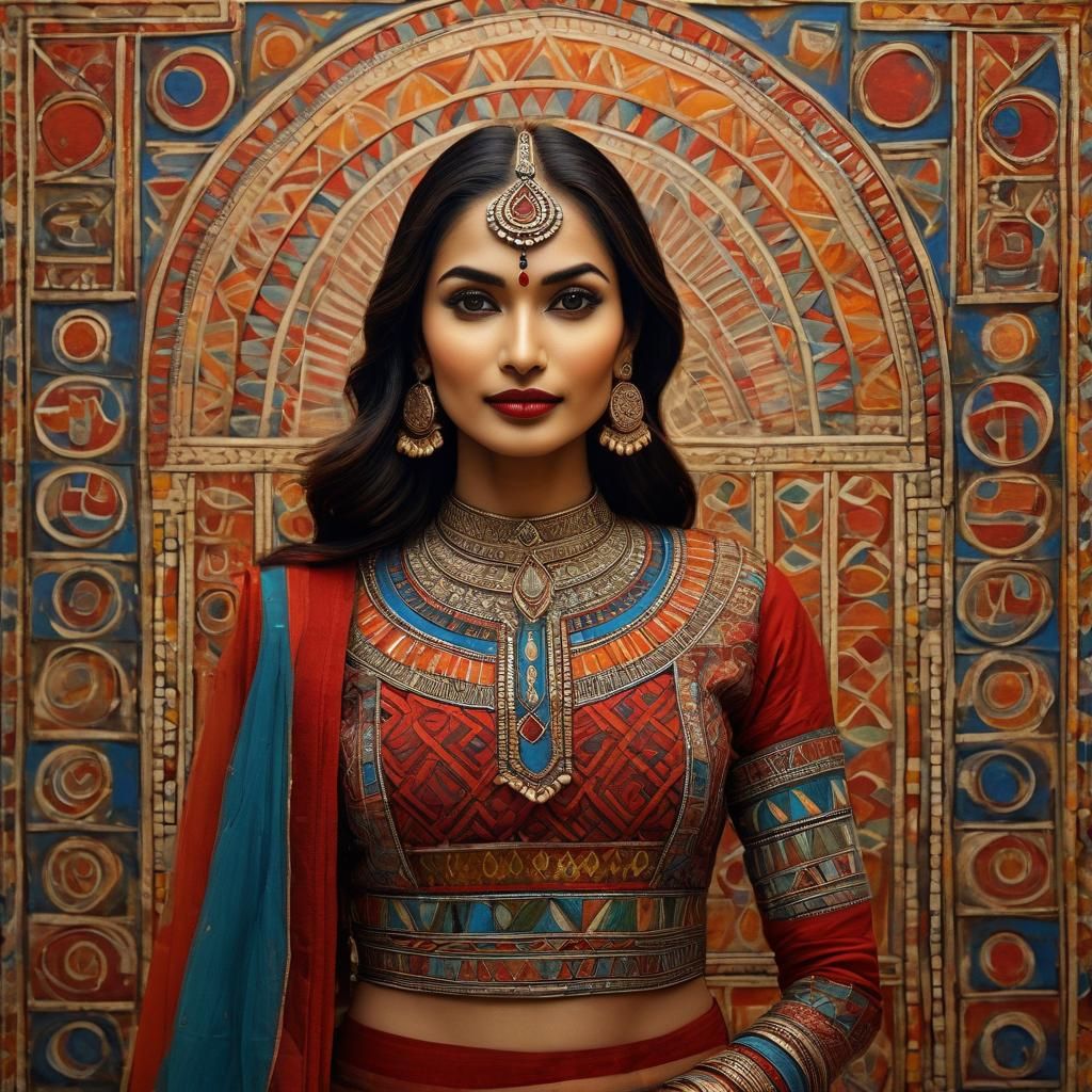 Portrait of an Indian woman inspired from Madhubani art