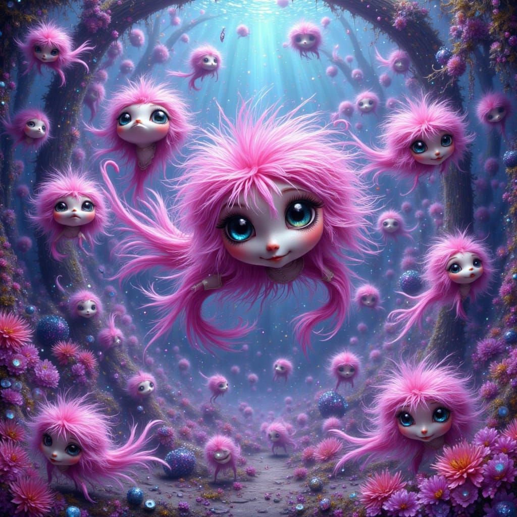 Pink Furry Fish in Alien Aquarium, Murakami Style - AI Art