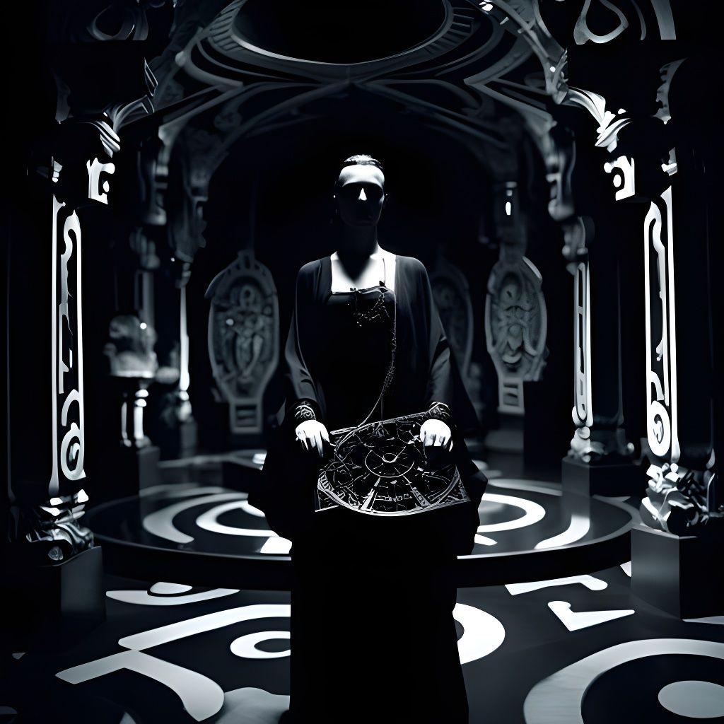 Ebon-shrouded enigma: obsidian shadows, labyrinthine architecture, cryptic motifs, spectral ...