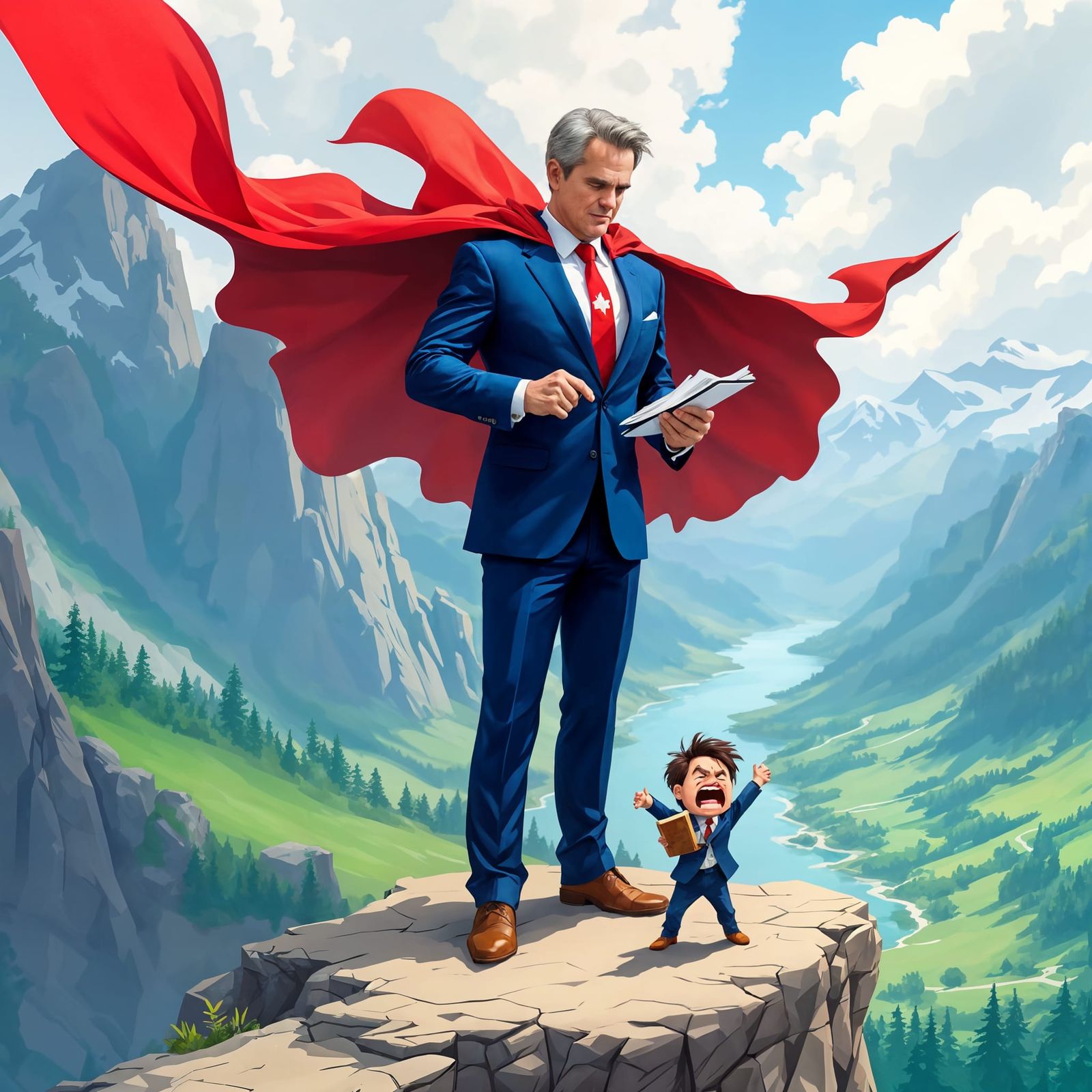 Cartoon style image of Mark Carney, dressed in a tailored bankers suit ...