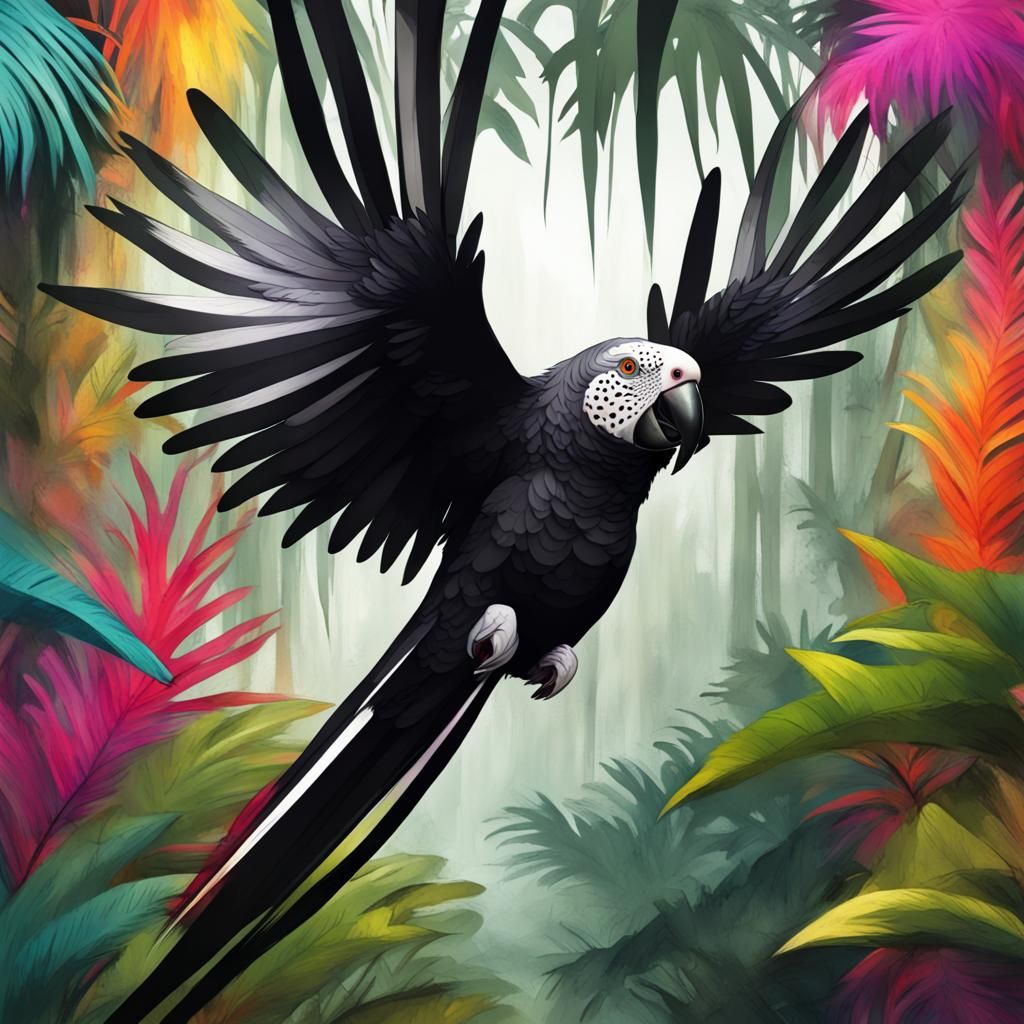 A black and white parrot, flying through a Vivid colourful jungle ...