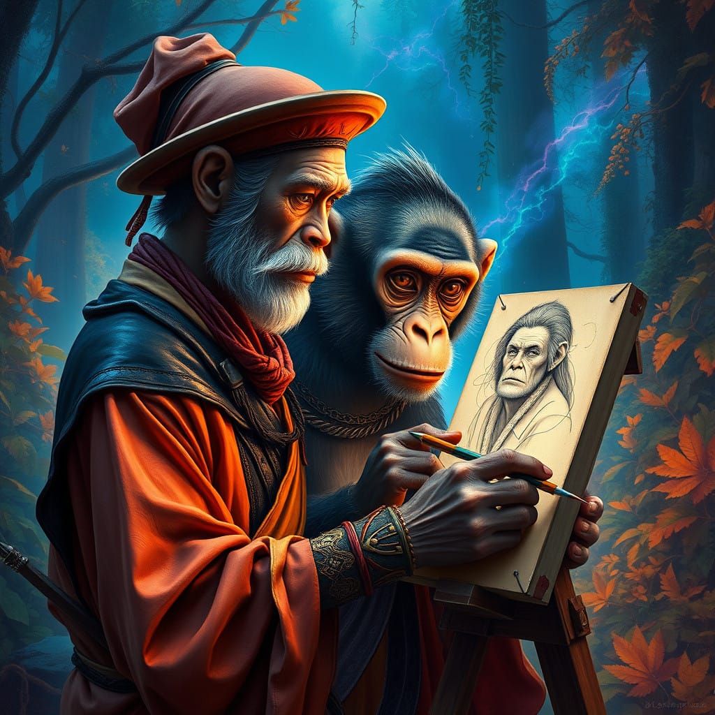 Human Artist and Monkey Engage in Recursive Loop o... - AI Art