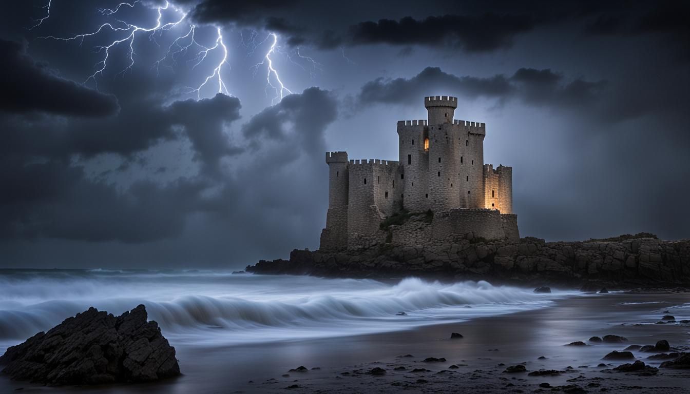 Un paisaje tenebroso nocturno con un castillo al borde de un acantilado ...