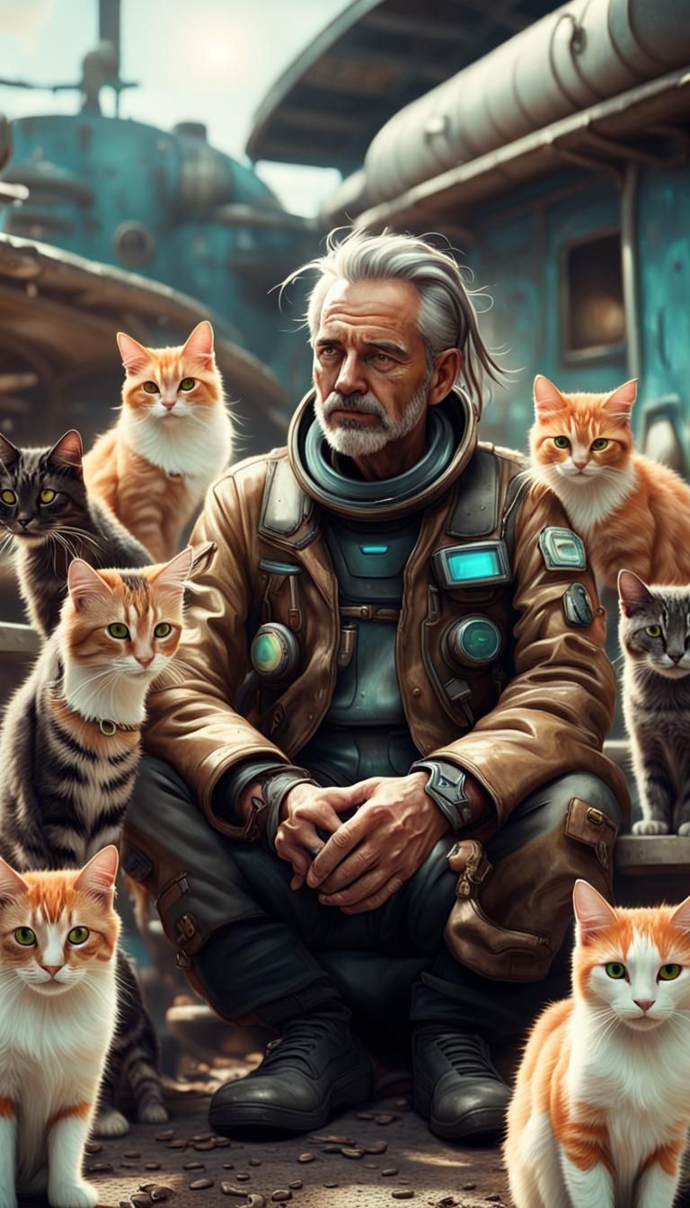 veterinary medicine man with pets cats everywhere sci-fi solarpunk post ...