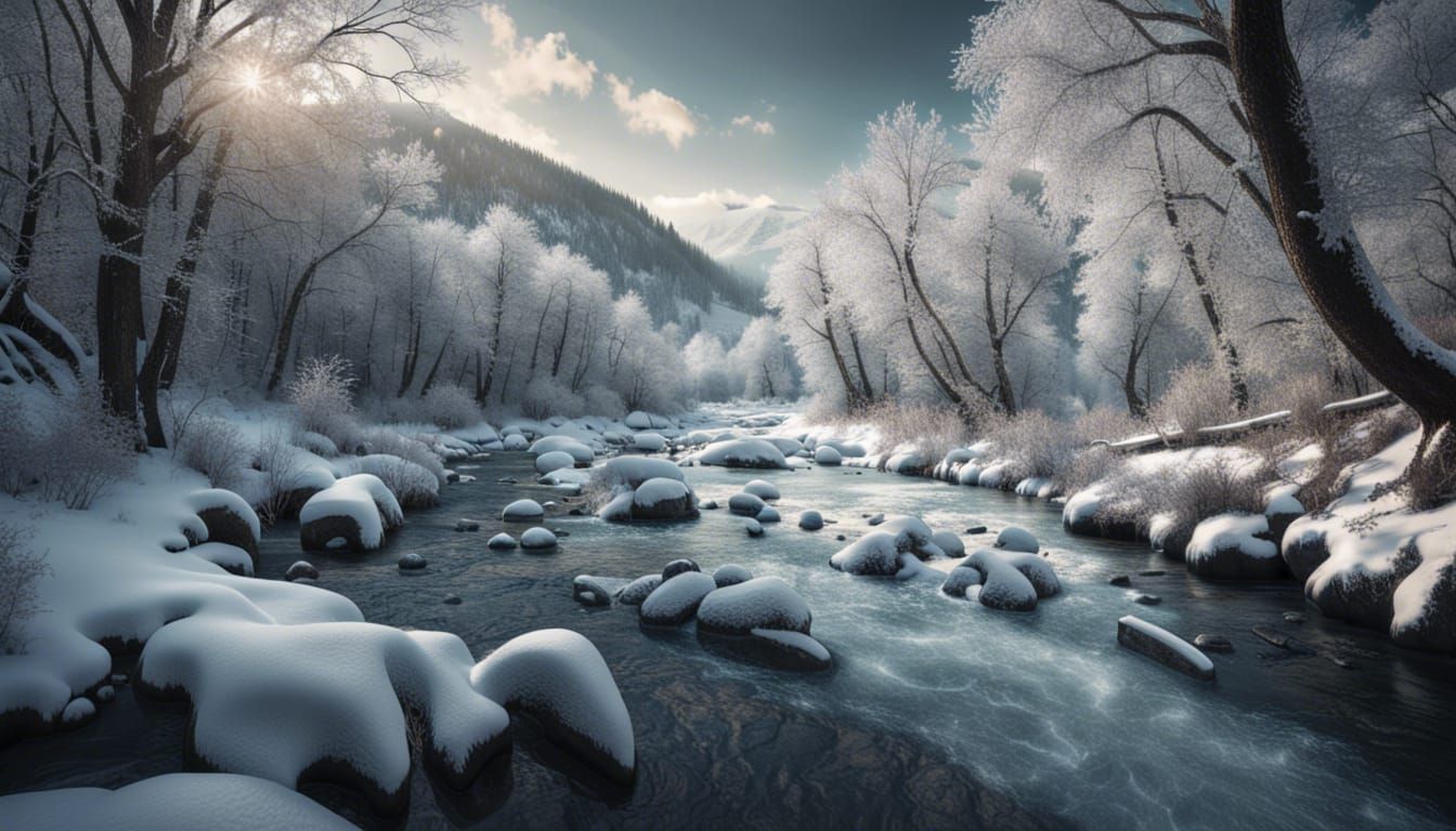Icy forest in a winter valley - AI Generated Artwork - NightCafe Creator