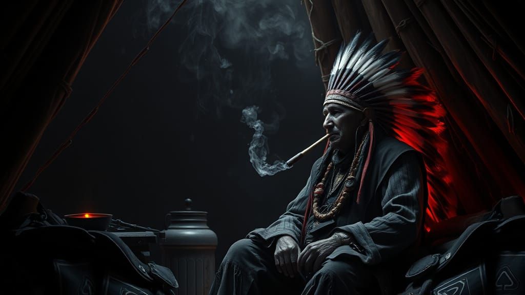 Selective Colour Native American Chief Smoking