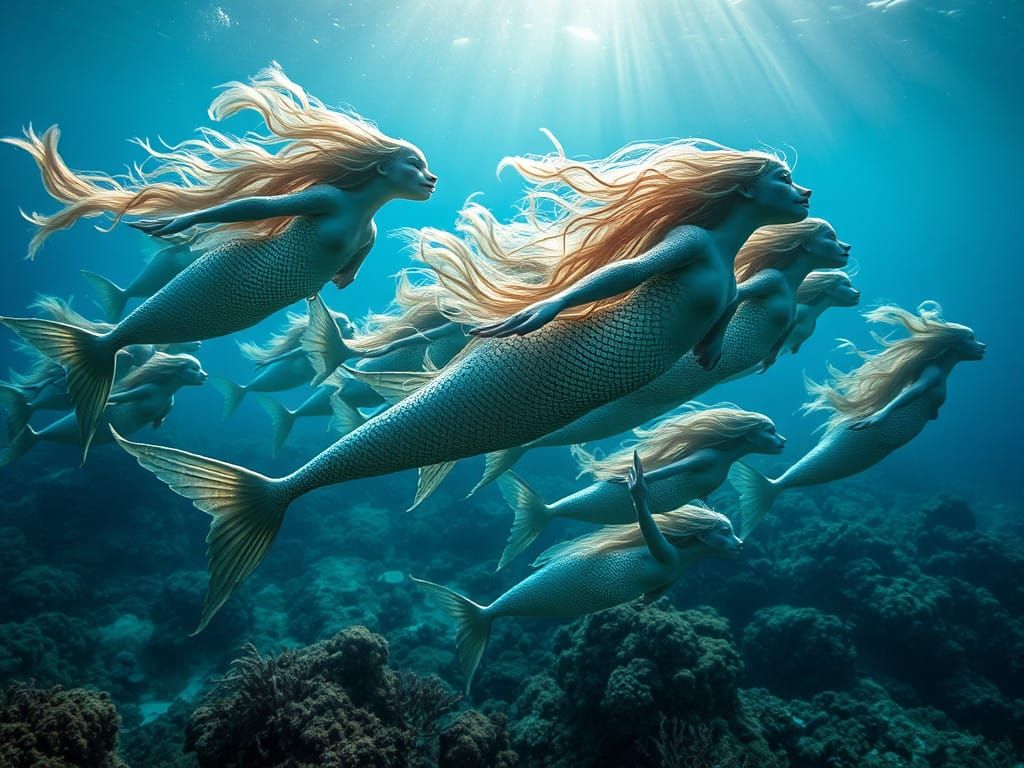 Deep Sea Mermaids in Balletic Formation, Shimmerin... - AI Art