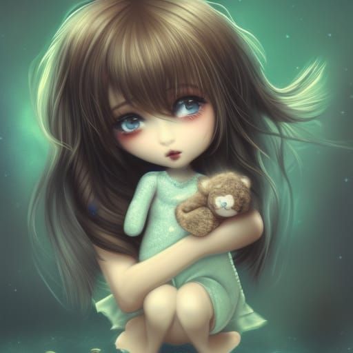pouting chibi girl holding her teddy bear, highly detailed, very ...