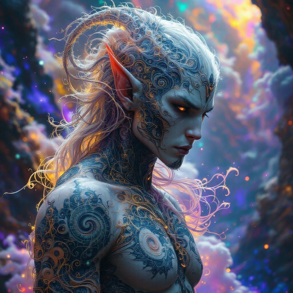 Majestic Fractal Elf in Iridescent Dreamscape - AI Art
