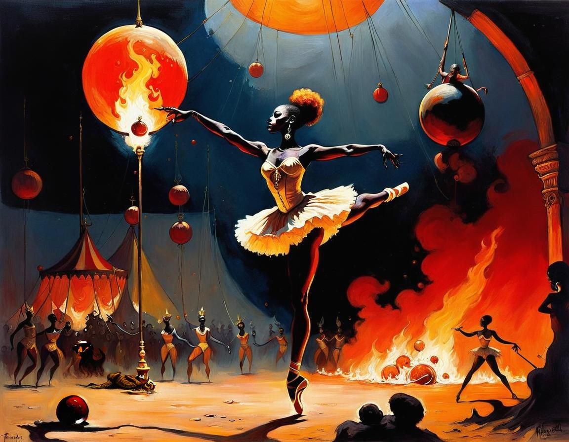 Macabre circus, midnight, African ballerina, fire balls, surrealism ...