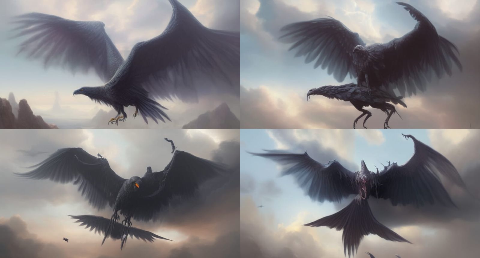 Raven flying in sunny sky, scary raven flying in sunny sky, clouds ...