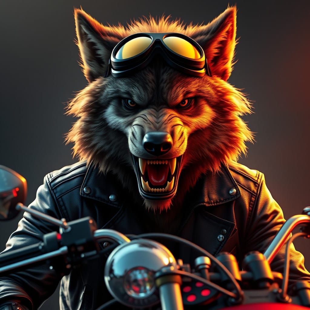 Head and shoulders portrait. Brown fierce werewolf riding a motorcycle.