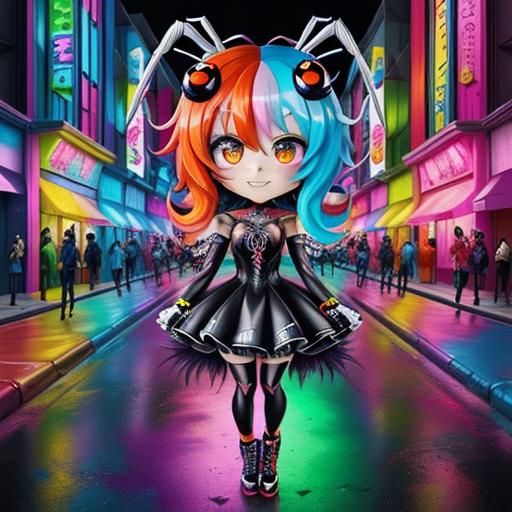 (cute chibi spider girl:1,9) graffiti art, splash art, street art ...