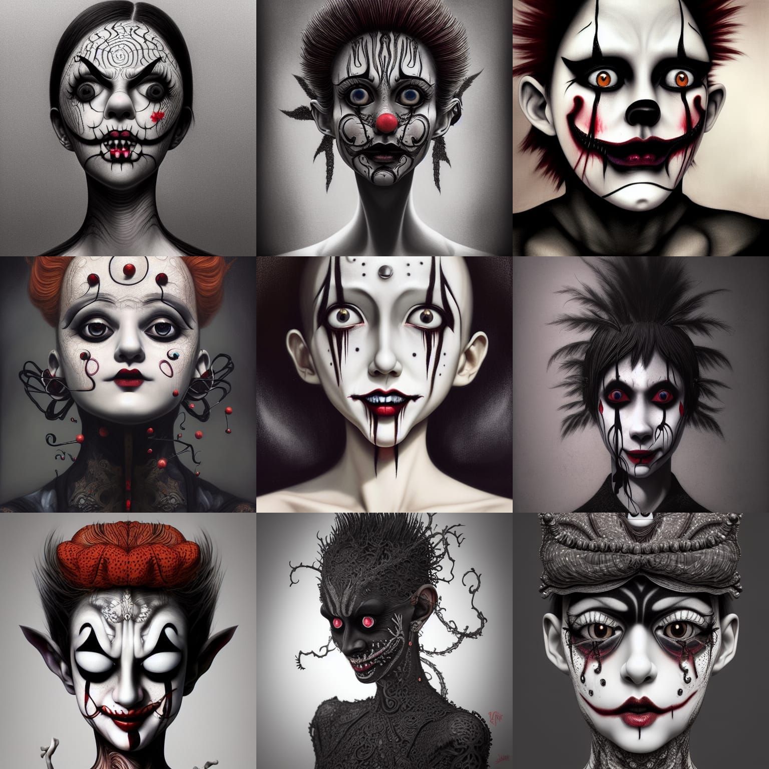 Art by Junji Ito, Beautiful clown, black clothing, piercing eyes ...