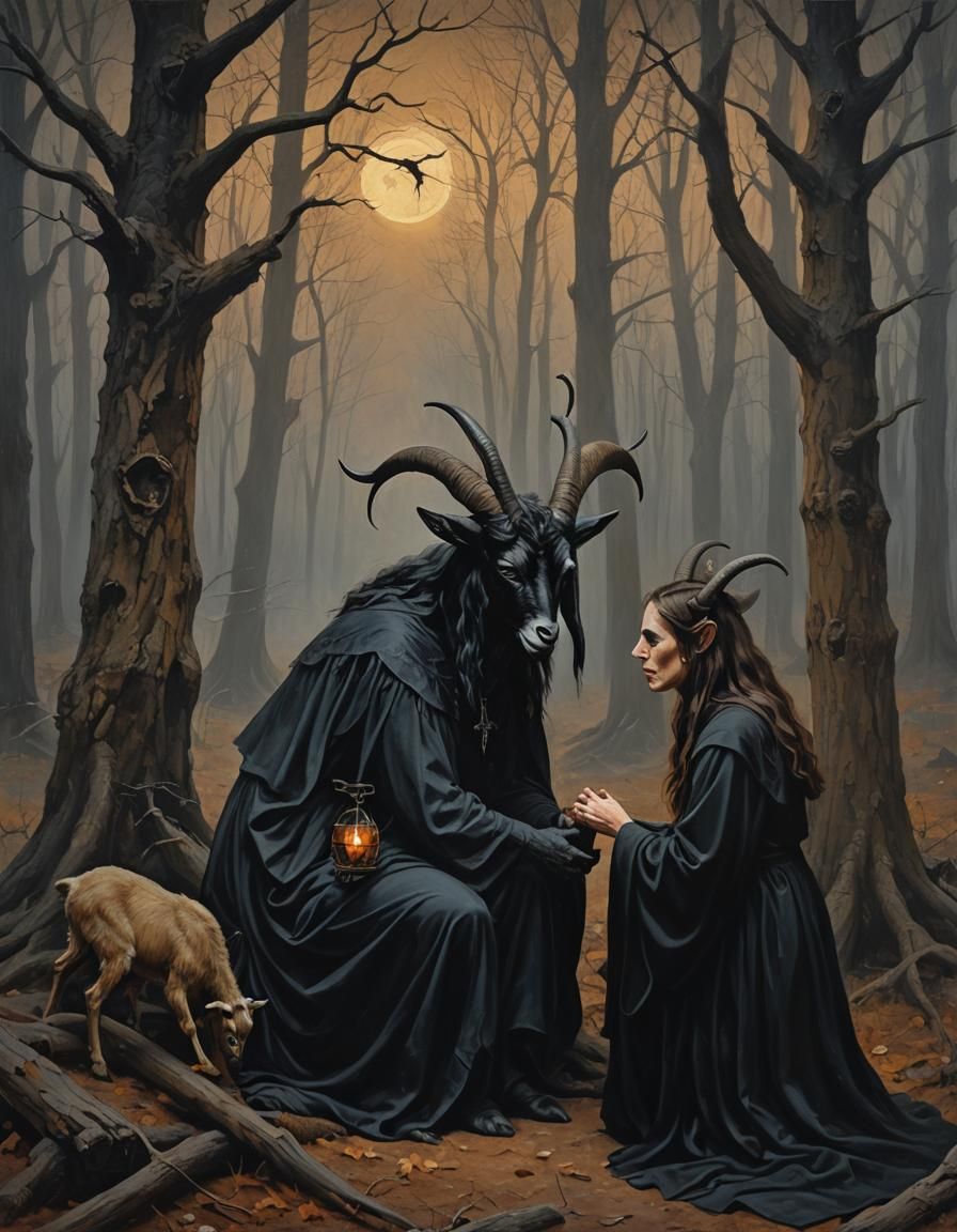 folk horror dark-moody-art Baphomet in black robes comforting a young ...