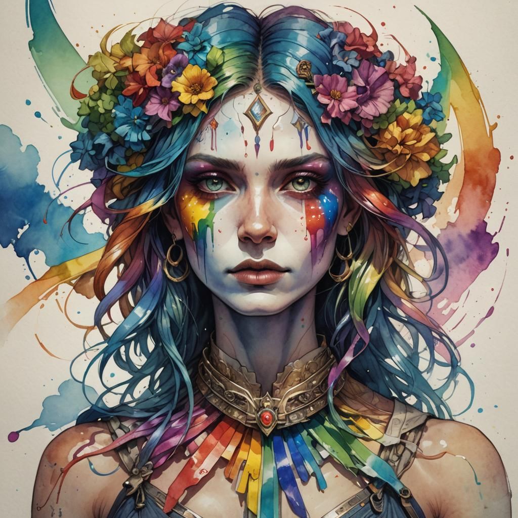 Androgyn creature dressed with a rainbow flag from the Pride movement ...