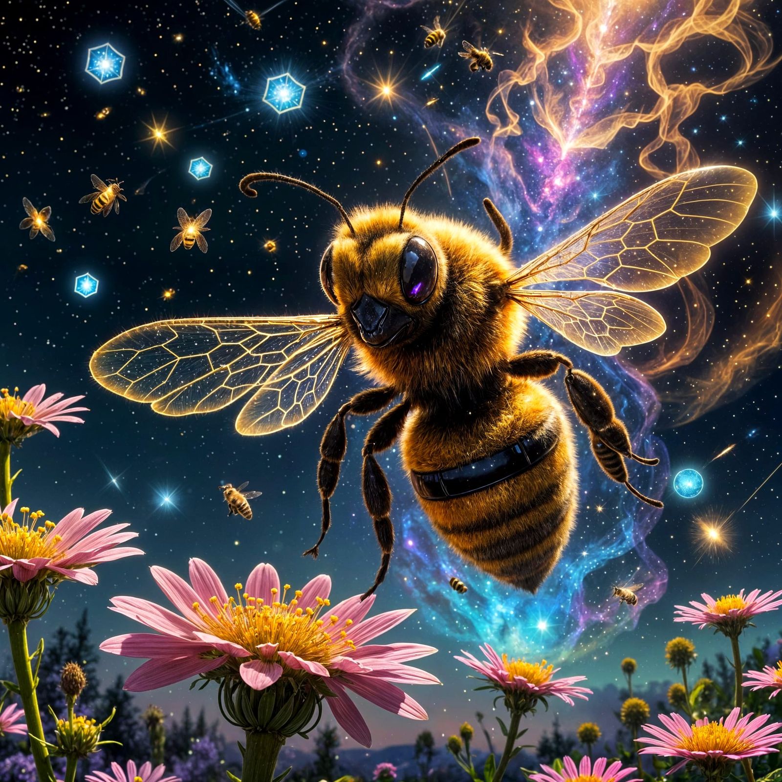 Nighttime Pollination Magic - Majestic Celestial Bee in Glow...