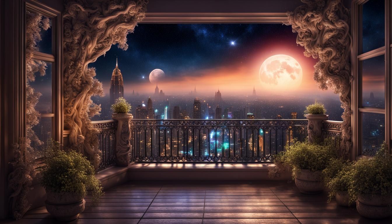 balcony overlooking a fantasy fairy city with a beautiful night sky ...