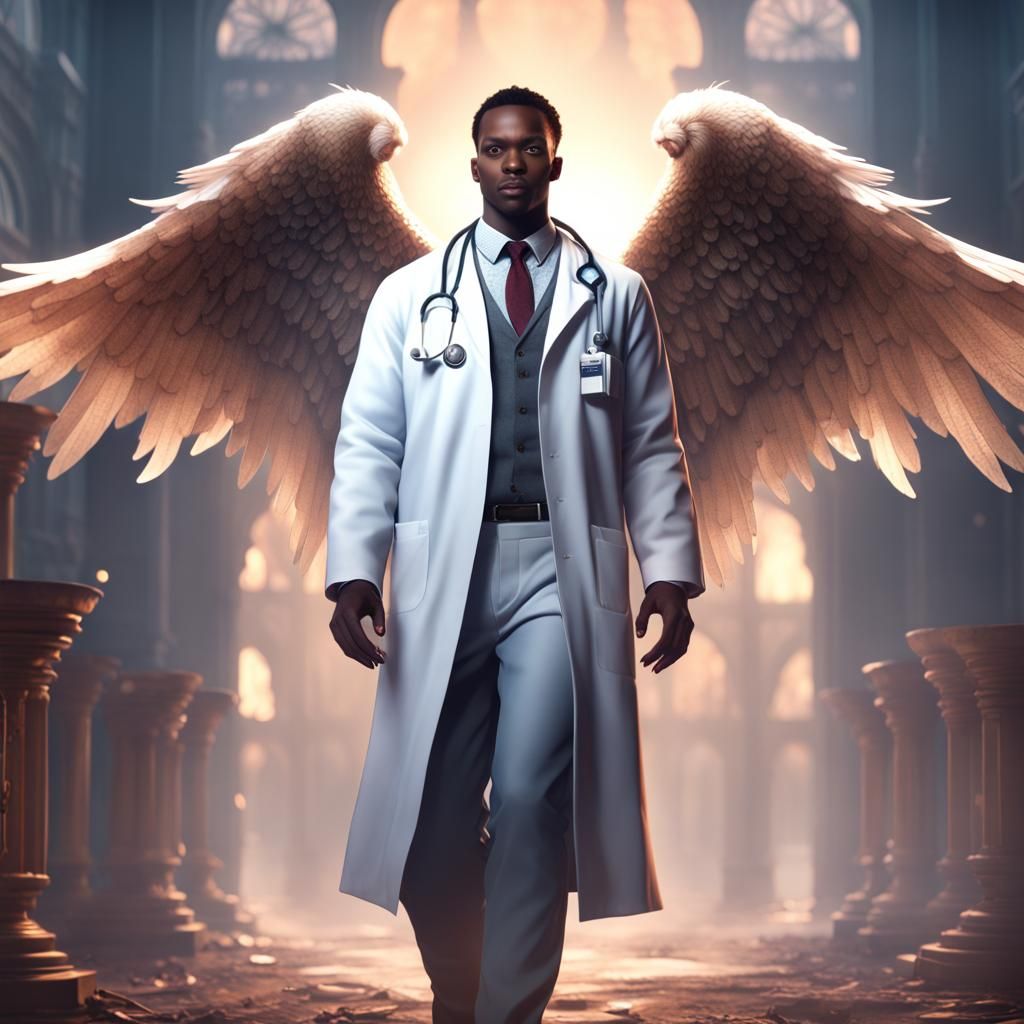 dark skinned Male angel doctor in a white coat - AI Generated Artwork ...