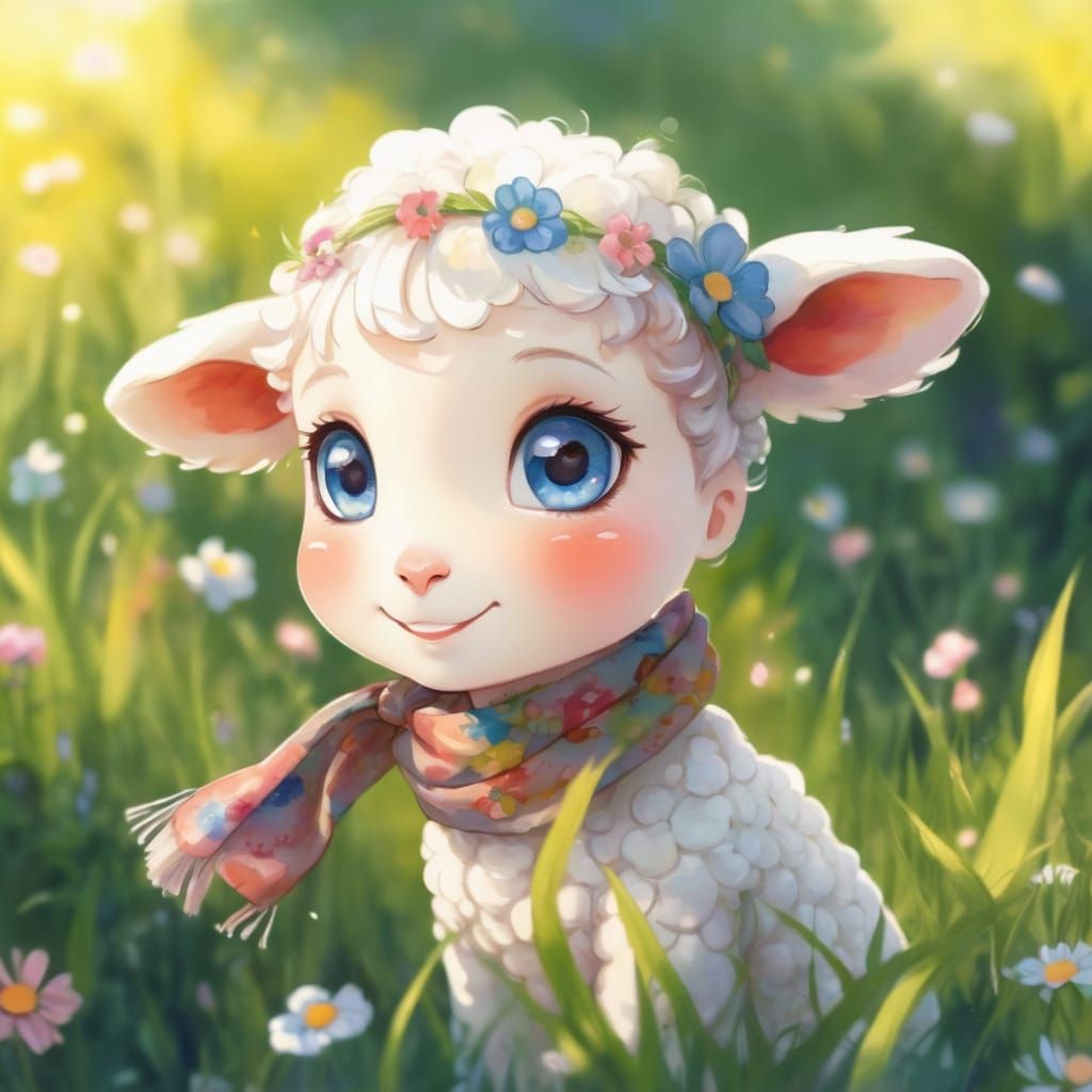 Anime Lamb with Flowers in Watercolor Style - AI Art