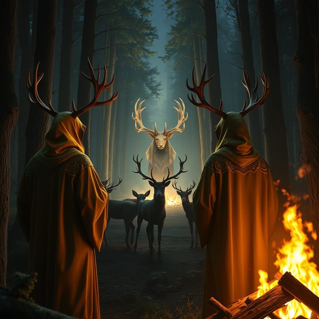 Pagan Priests in a forest at night with deer
