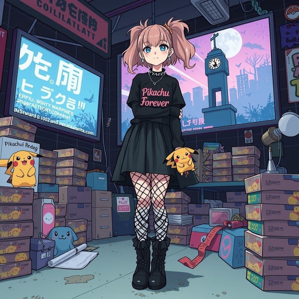 Cartoon emo goth otaku anime fan holding Pikachu