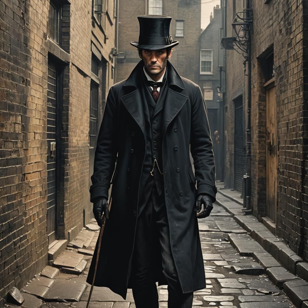 Jack the Ripper in a long black coat in the dirty alley way of London ...