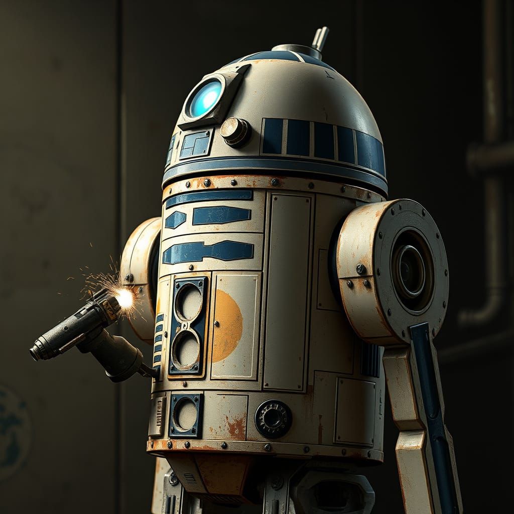 Industrial Utility Droid in Dimly Lit Environment - AI Art